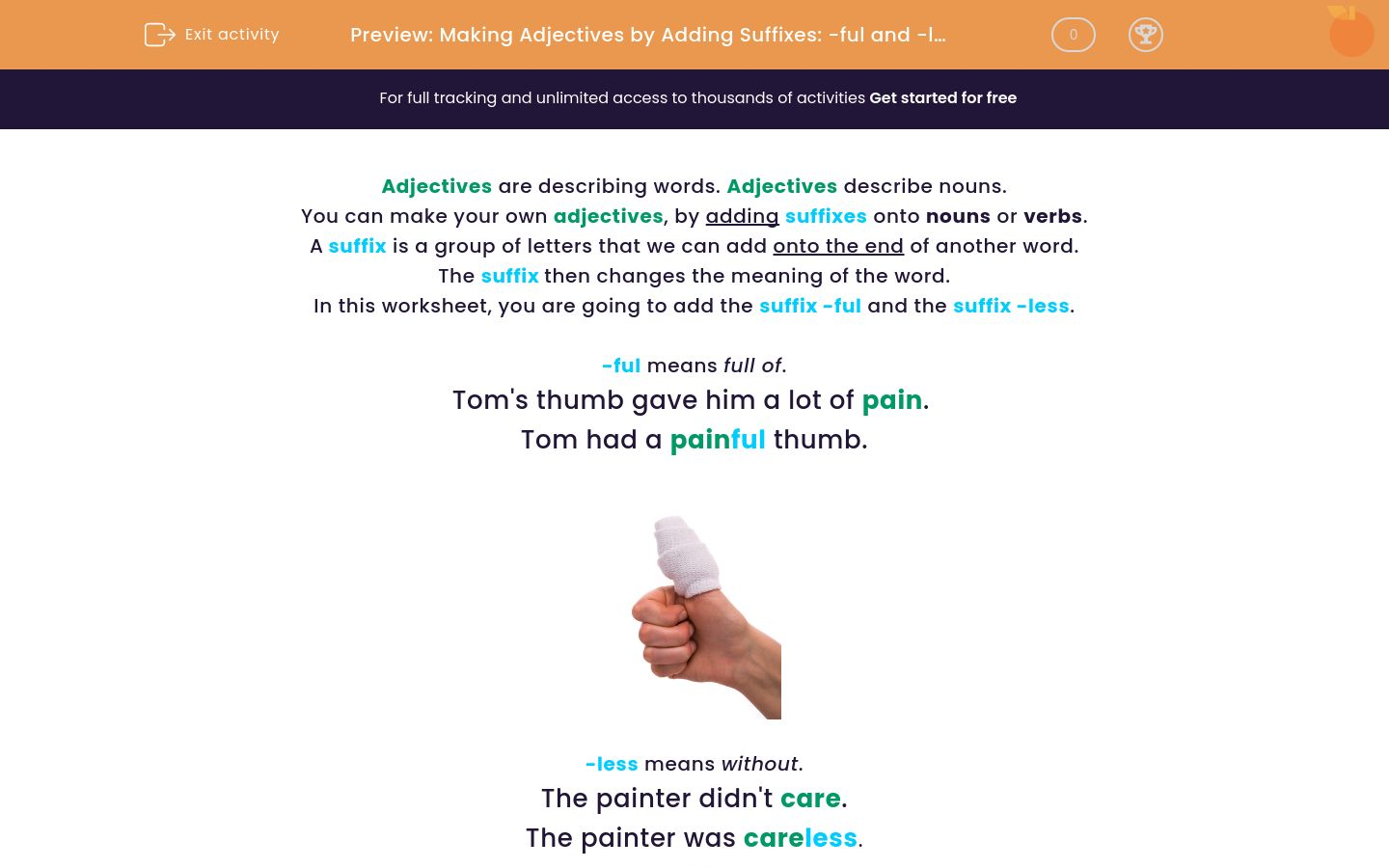 Make Adjectives by Adding Suffixes -ful and -less Worksheet - EdPlace