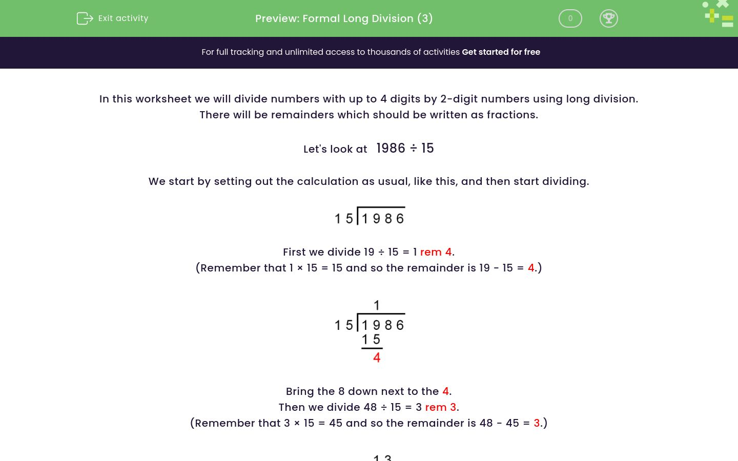 Understand Long Division Leaving Remainders as Fractions Worksheet ...
