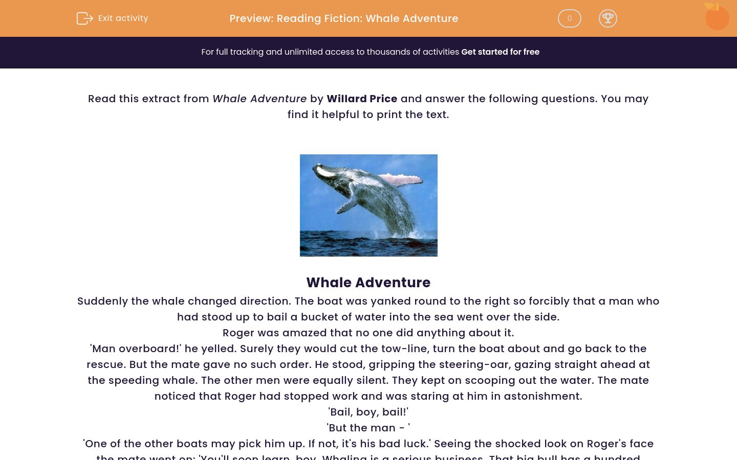 Answer Questions on a Fiction Text: Whale Adventure Worksheet - EdPlace
