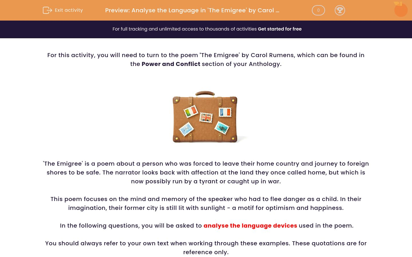 Analyse the Language in 'The Emigree' by Carol Rumens Worksheet - EdPlace