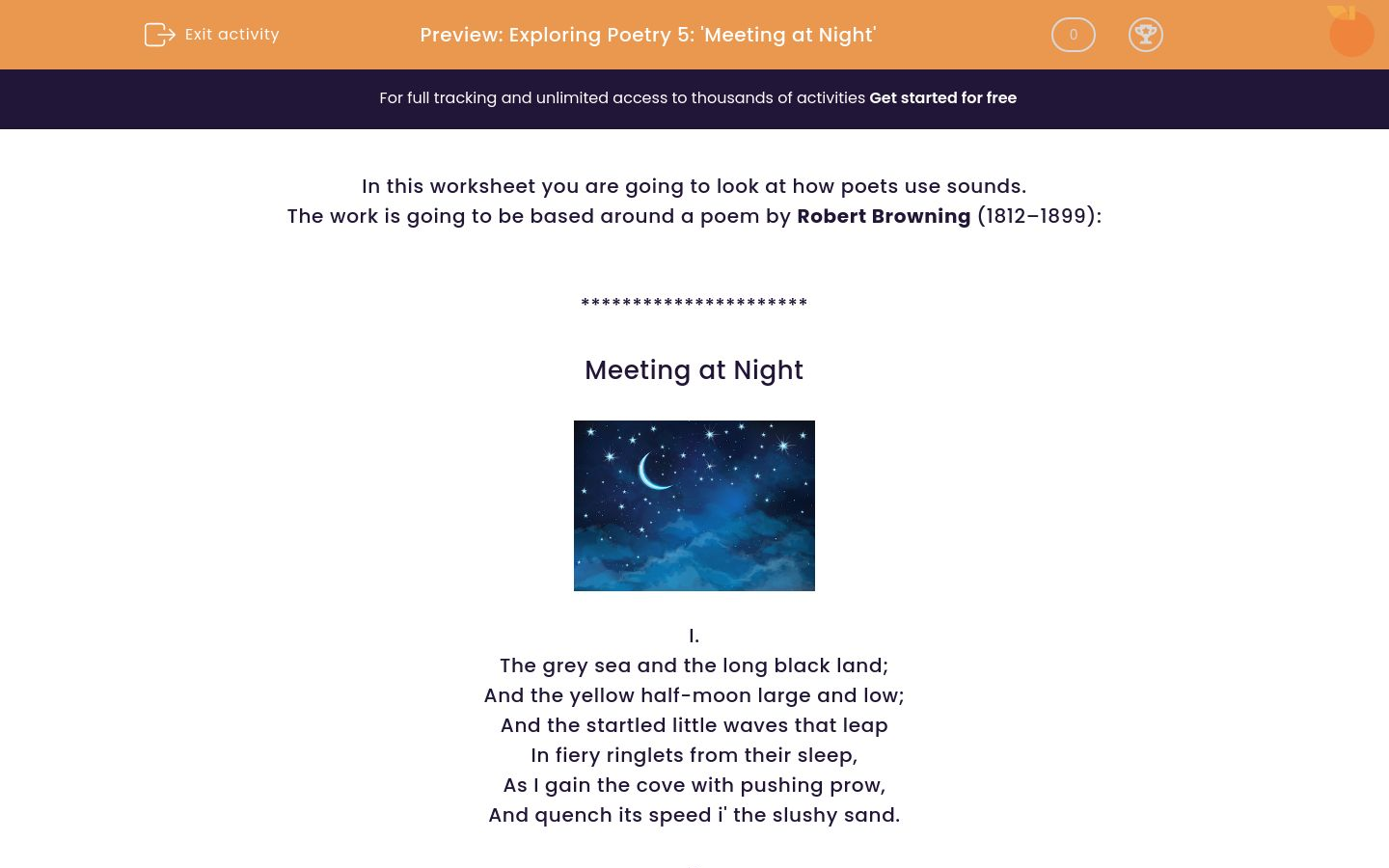 Explore Poetry: Meeting at Night Worksheet - EdPlace