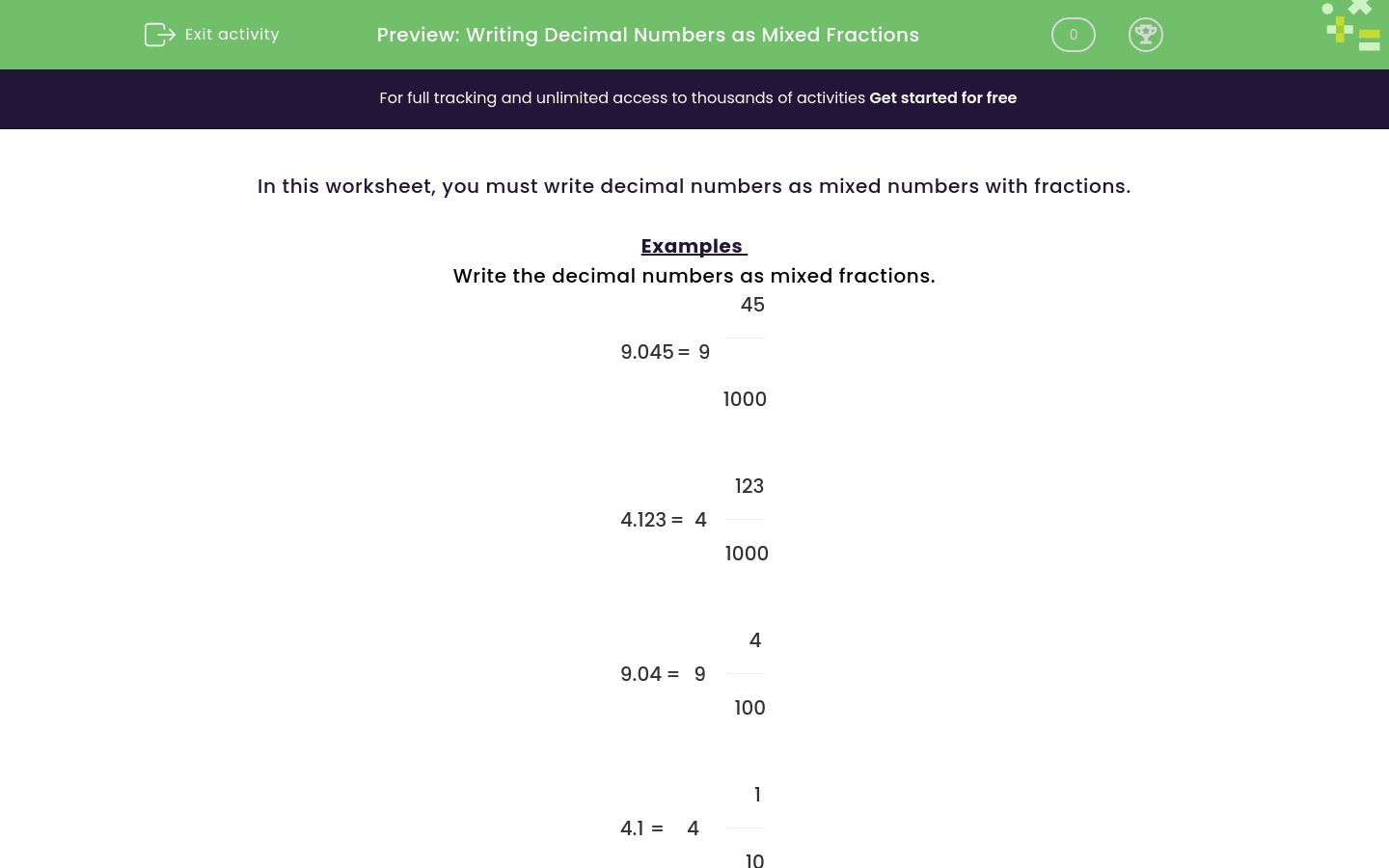 Write Decimal Numbers as Mixed Fractions Worksheet - EdPlace