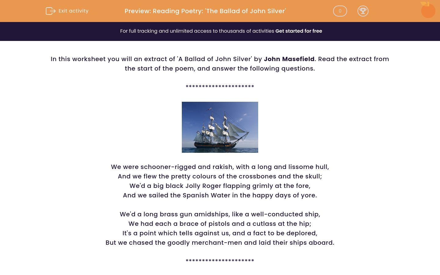 Answer Questions on the Poem 'The Ballad of John Silver' Worksheet ...