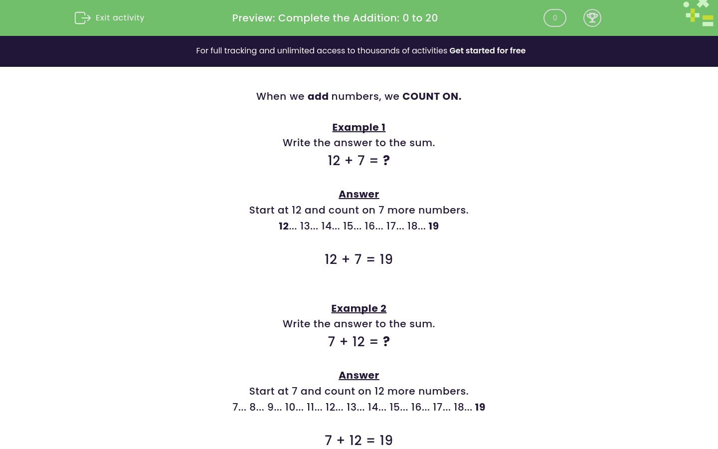 Complete the Addition: 0 to 20 Worksheet - EdPlace