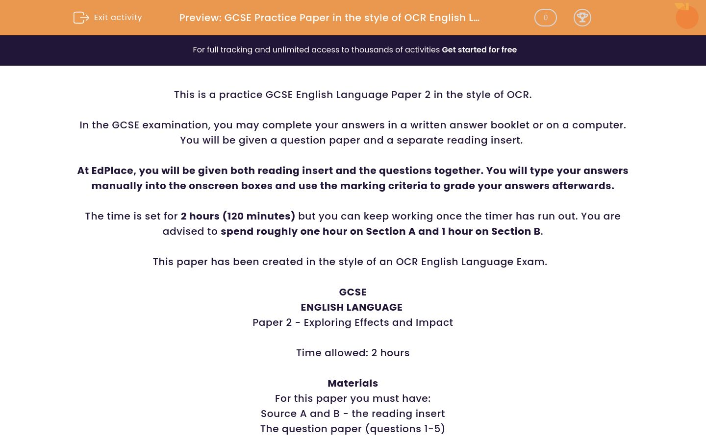 GCSE Practice Paper in the style of OCR English Language Paper 2 ...