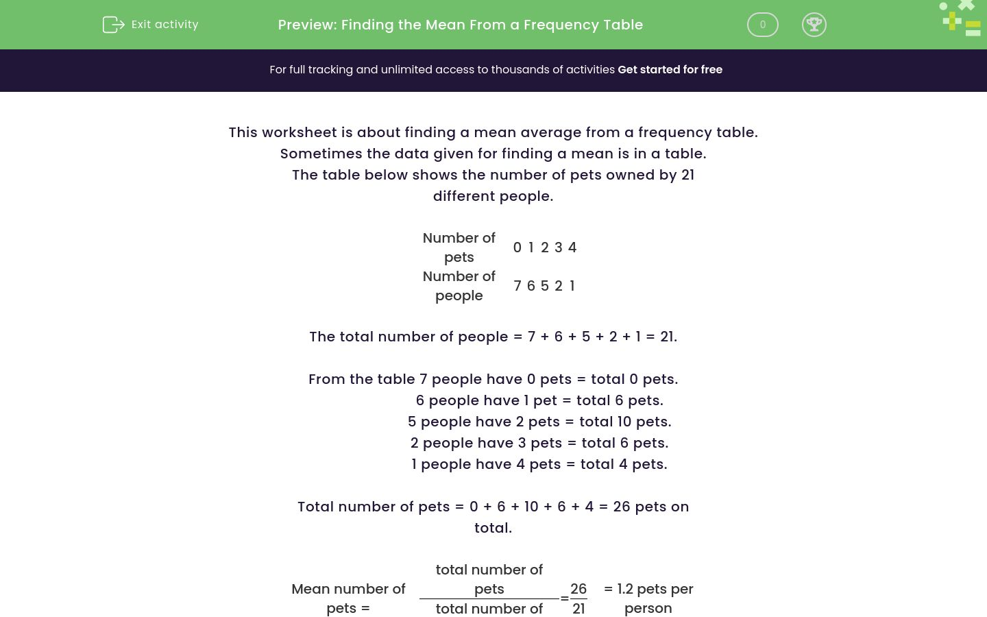 Find the Mean From a Frequency Table Worksheet - EdPlace
