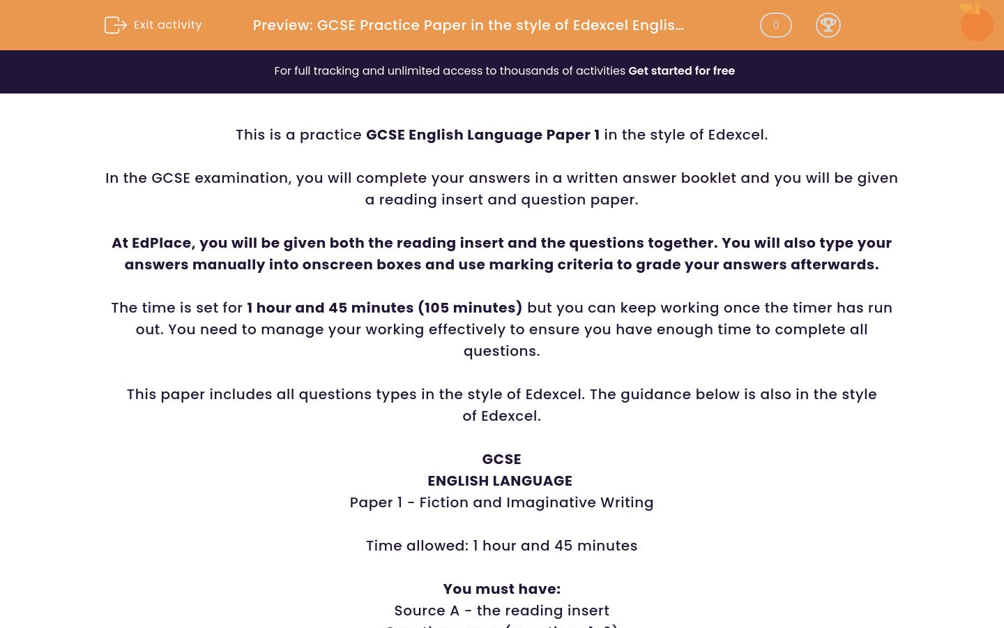 GCSE Practice Paper in the style of Edexcel English Language Paper 1 ...