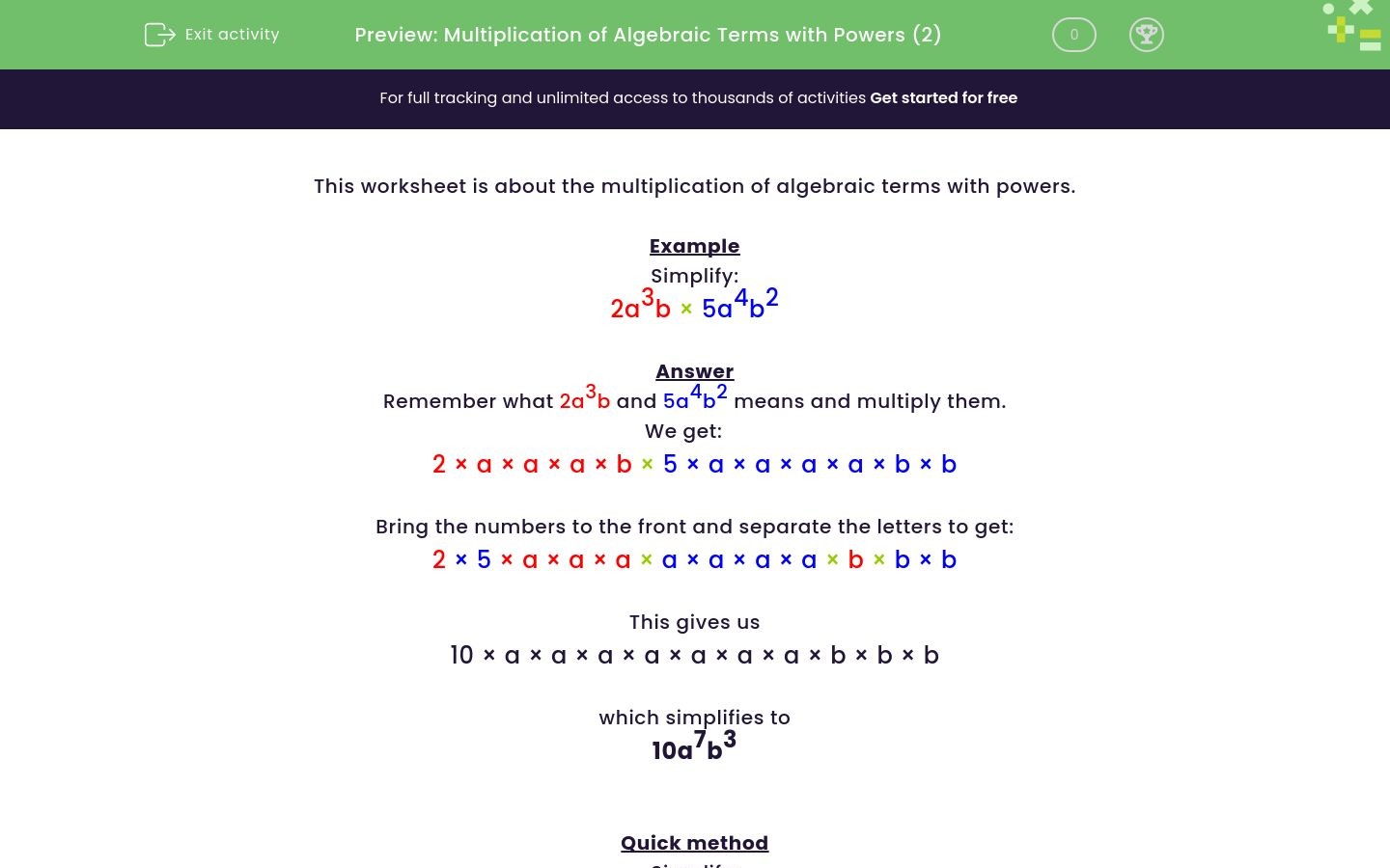 Multiply Algebraic Terms with Powers Worksheet - EdPlace