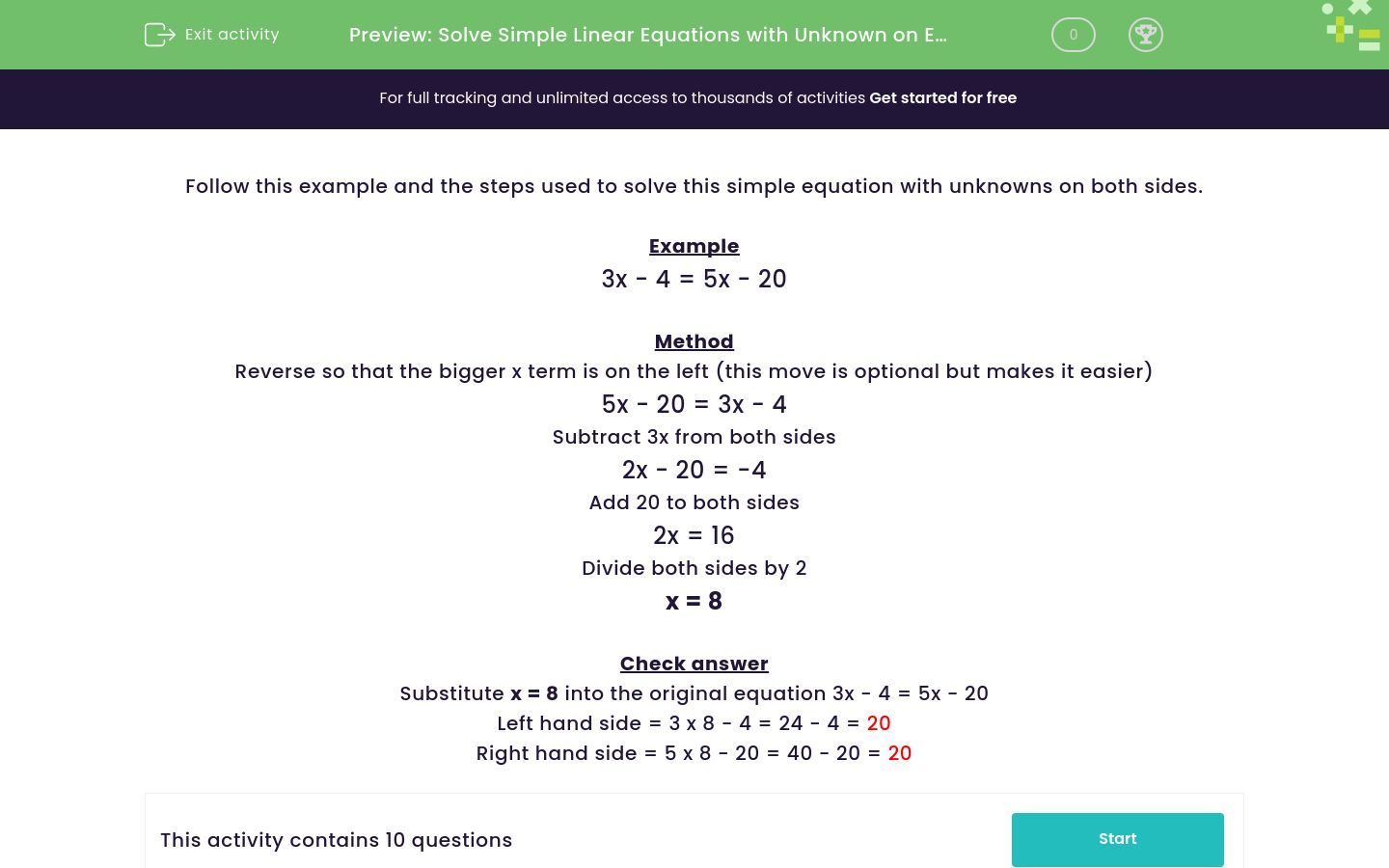 Solve Simple Linear Equations with Unknowns on Each Side Worksheet ...