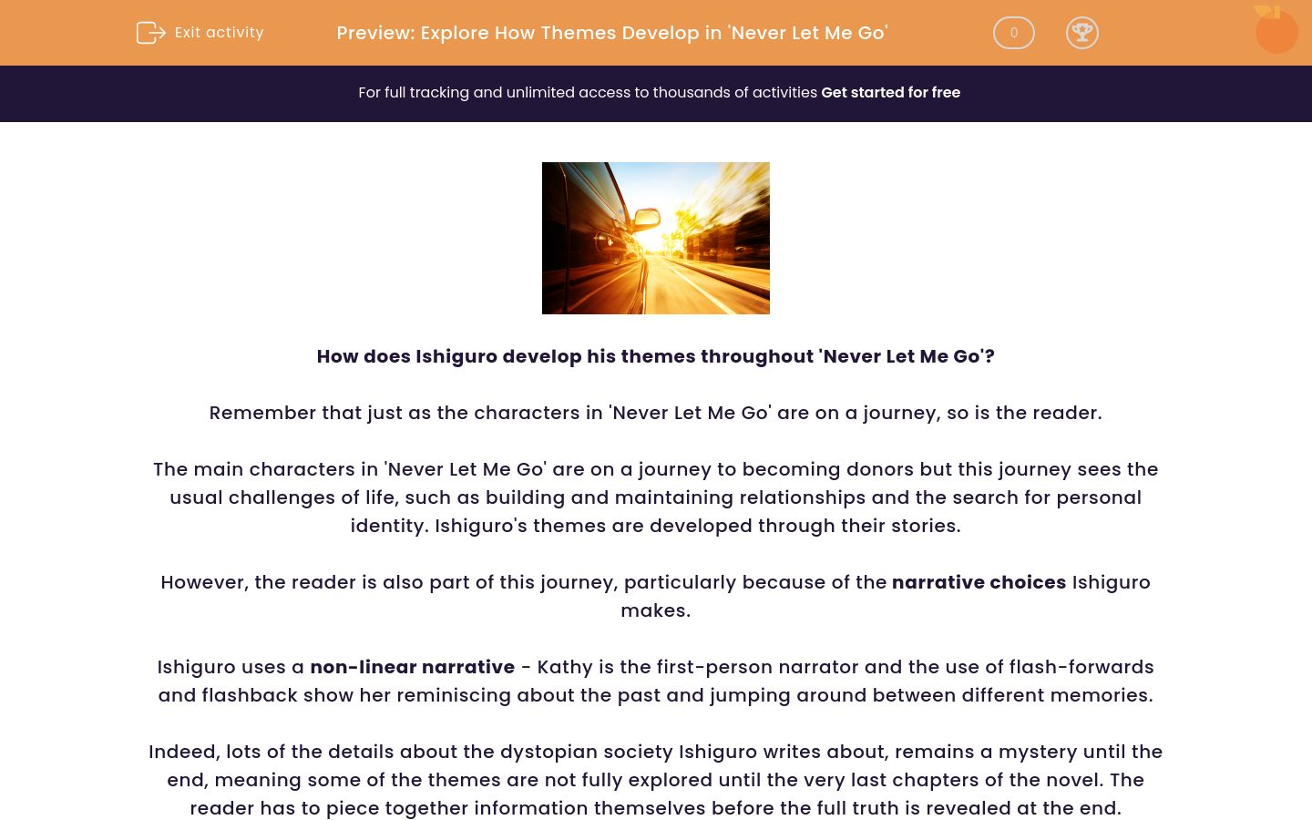 Explore How Themes Develop in 'Never Let Me Go' Worksheet - EdPlace