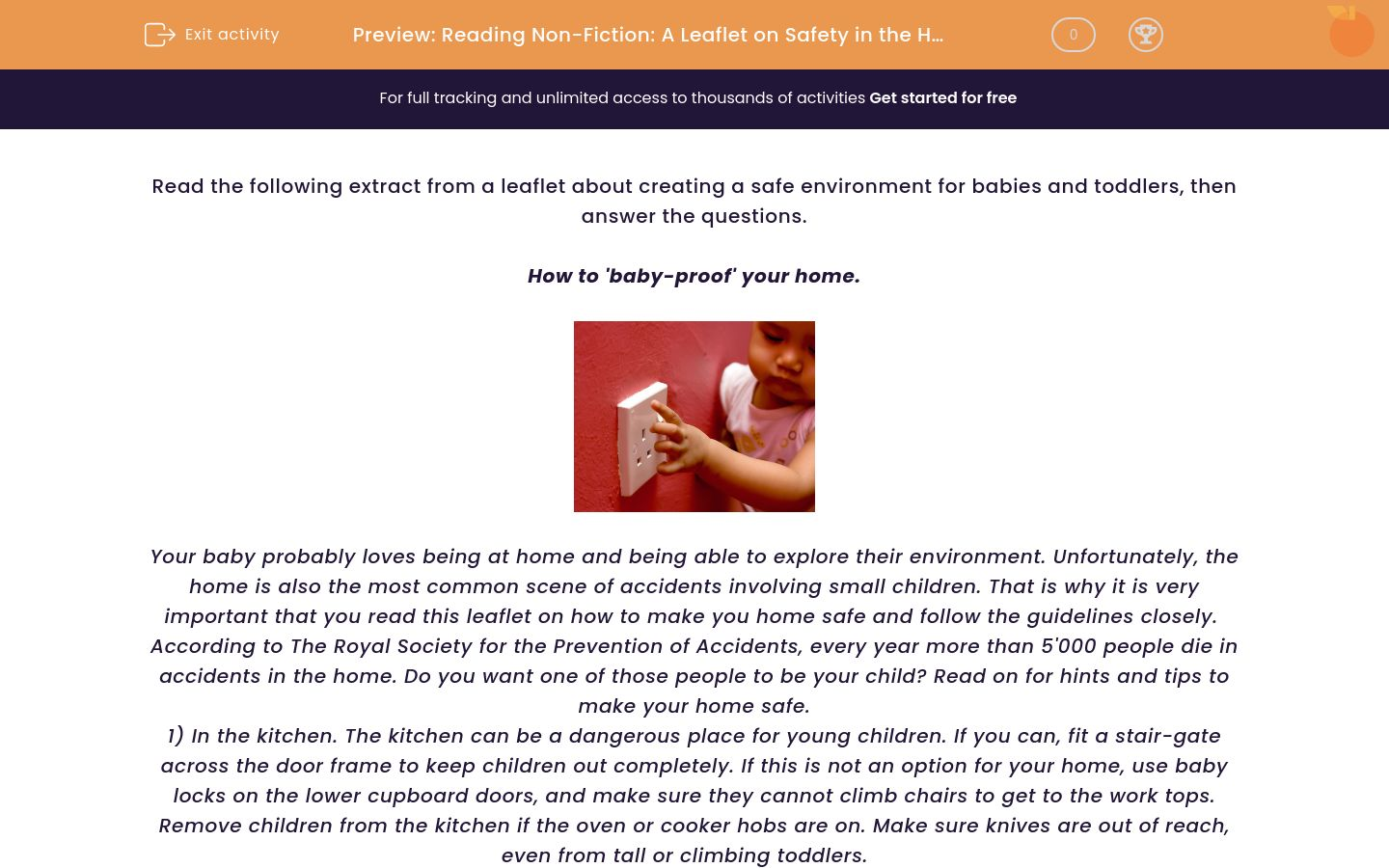 Analyse a Non-Fiction Text: A Leaflet on Safety in the Home Worksheet ...
