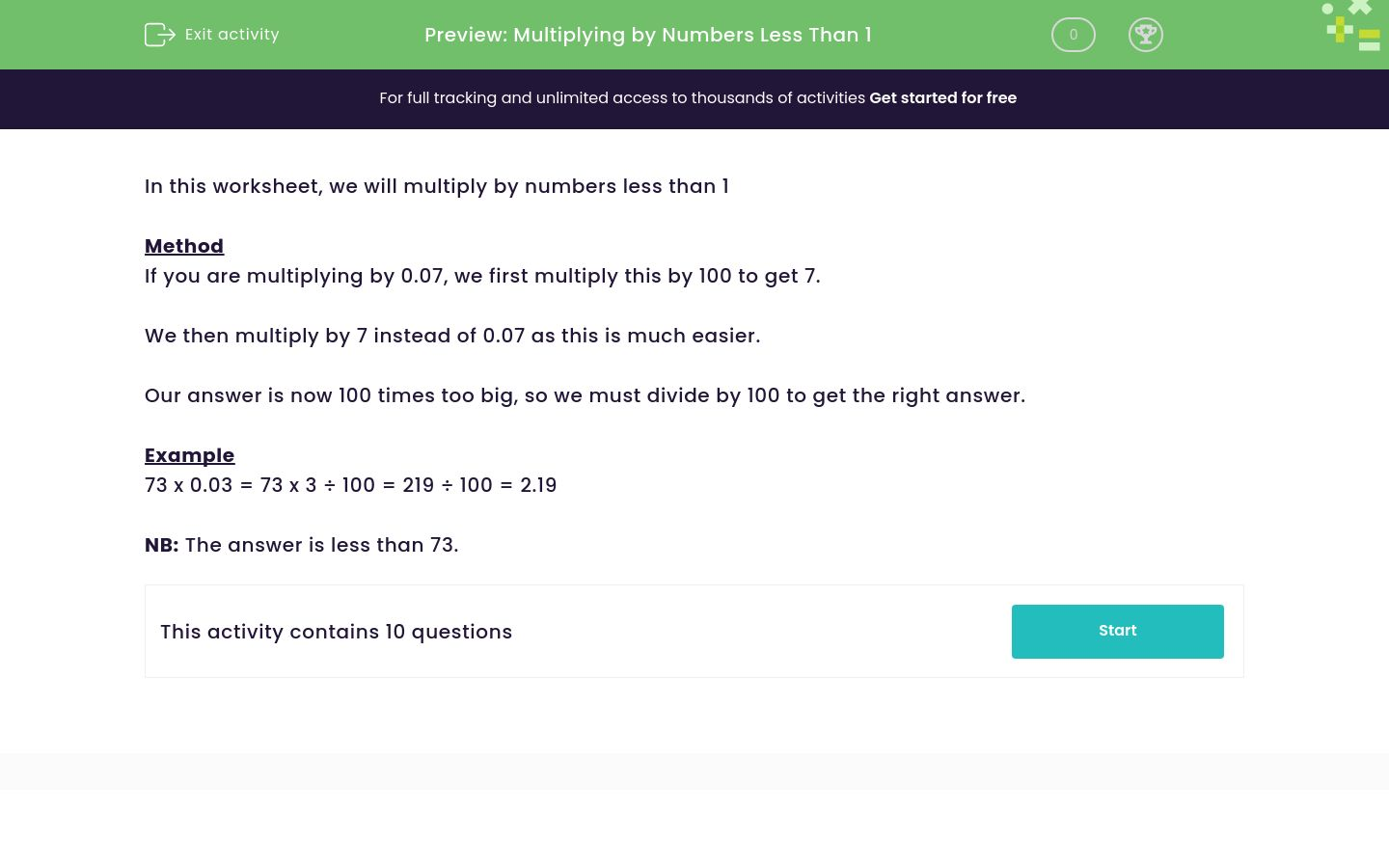 Multiply by Numbers Less Than 1 Worksheet - EdPlace