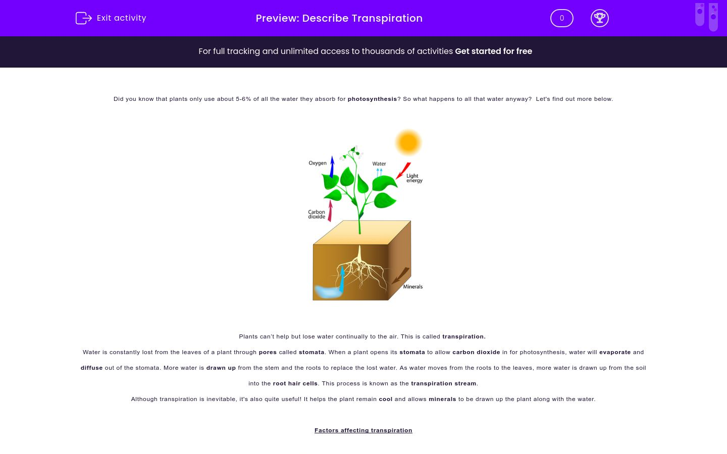 Describe Transpiration Worksheet - EdPlace