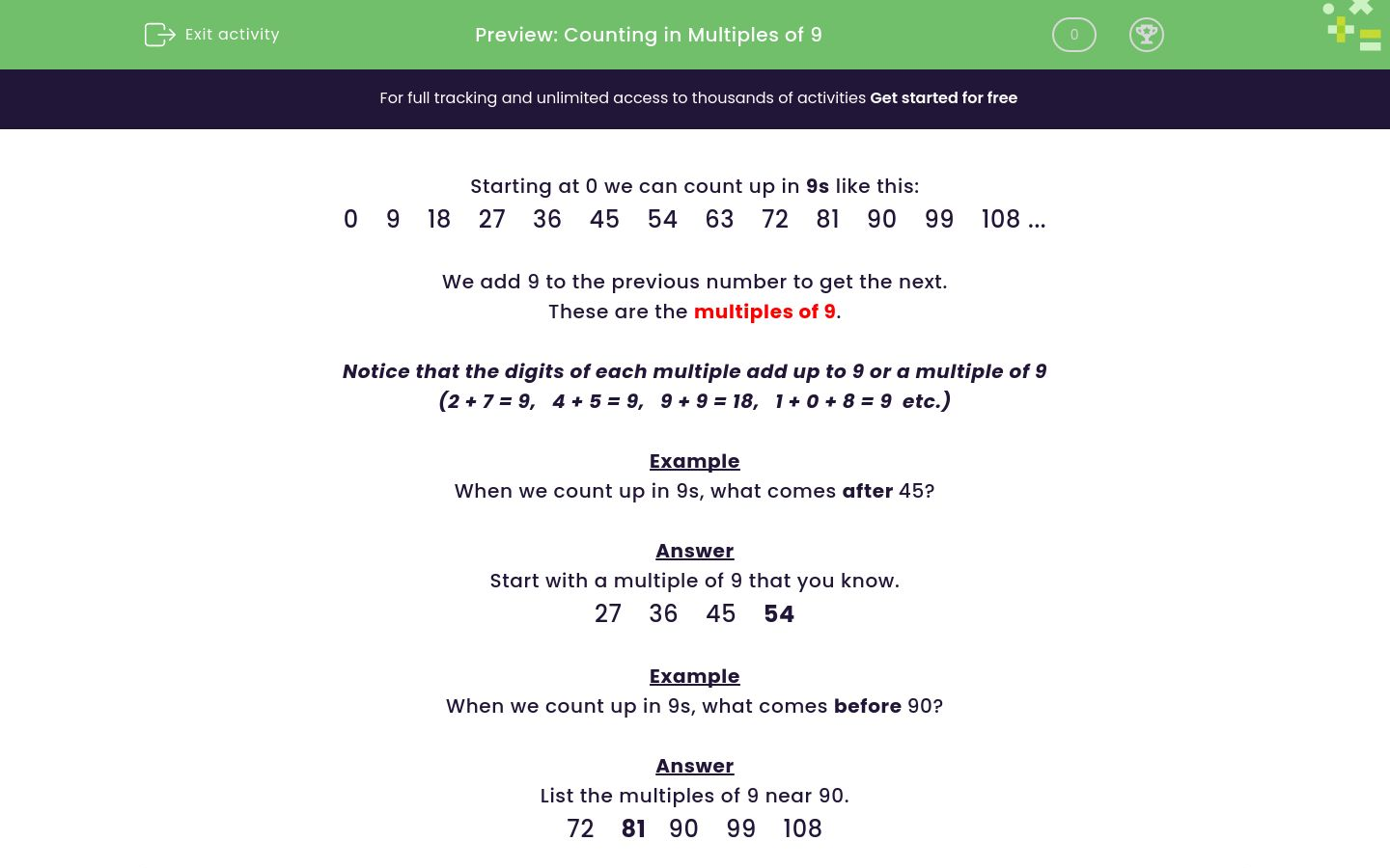Count in Multiples of 9 Worksheet - EdPlace