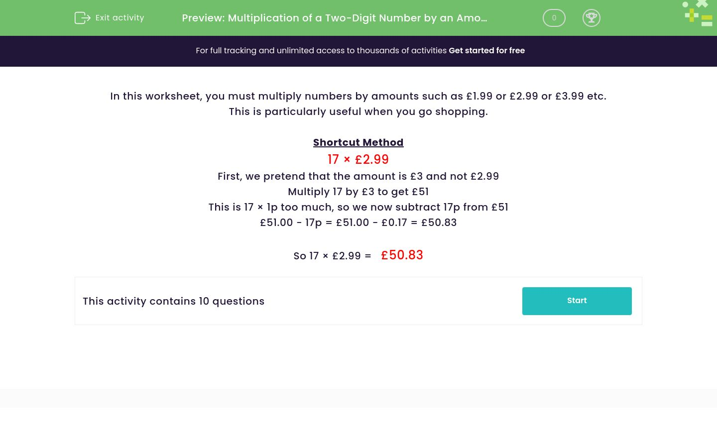 Multiply Amounts of Money by a Two-Digit Number Worksheet - EdPlace