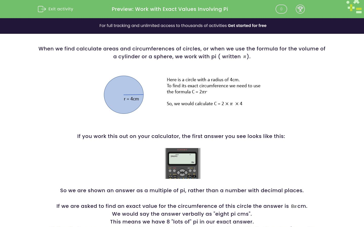 Work with Exact Values Involving Pi Worksheet - EdPlace
