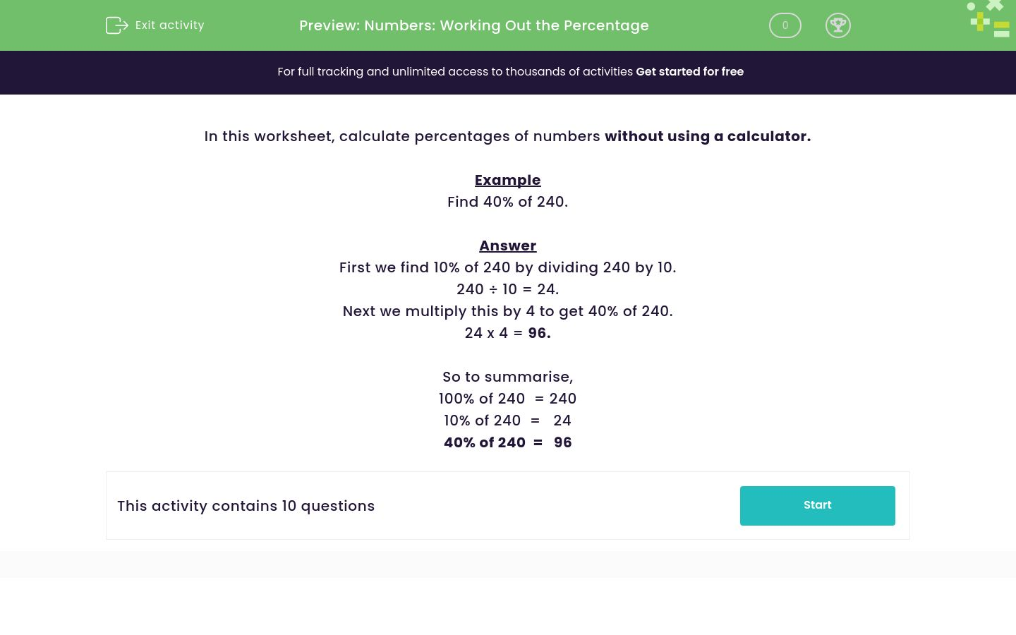 Work Out Simple Percentages Worksheet - EdPlace