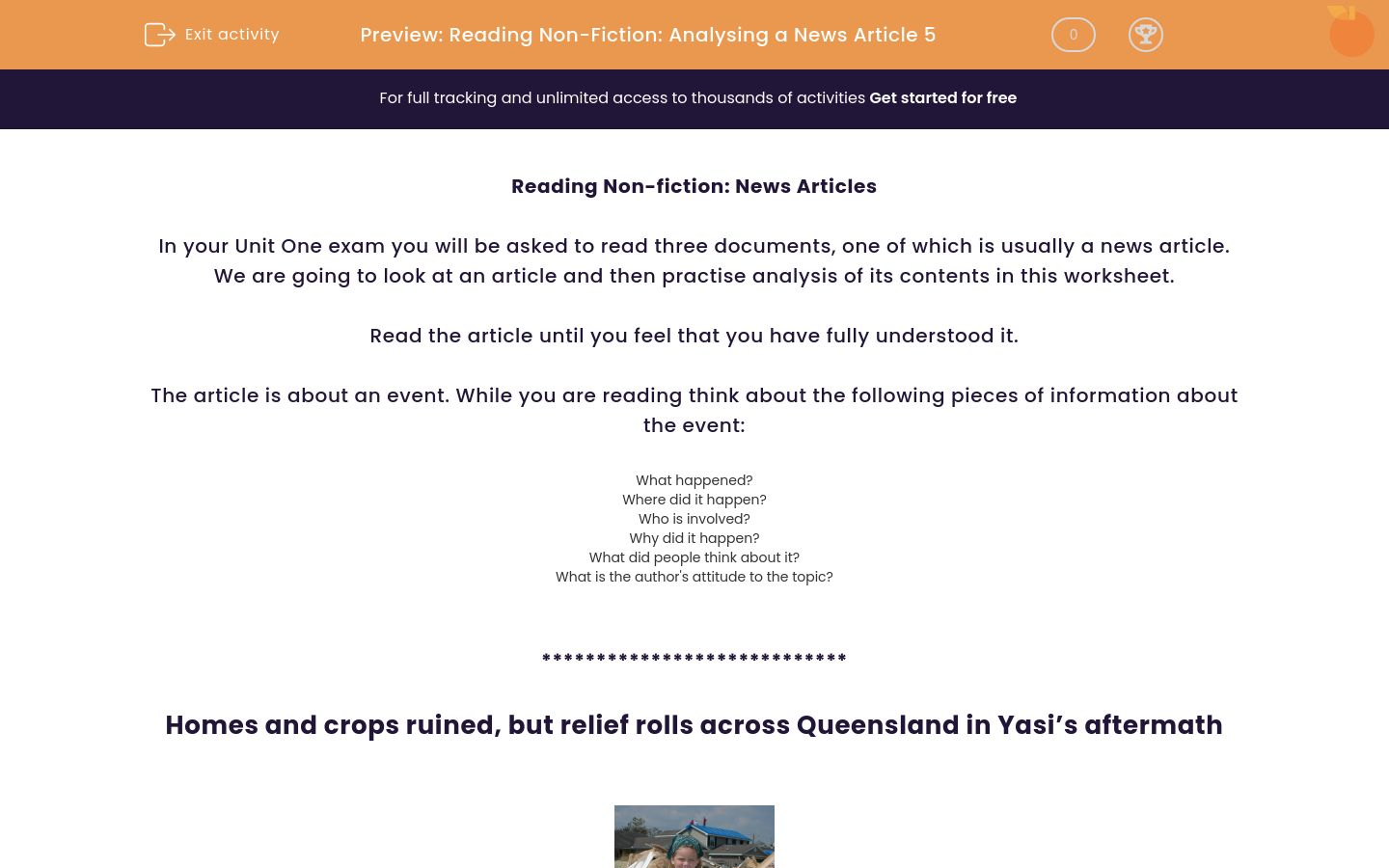 Reading Non-Fiction: Analysing a News Article 5 Worksheet - EdPlace
