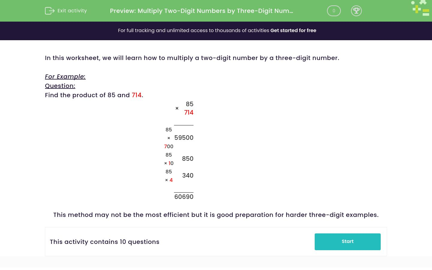 Practise Multiplying Three-Digit Numbers by Two-Digit Numbers Worksheet ...