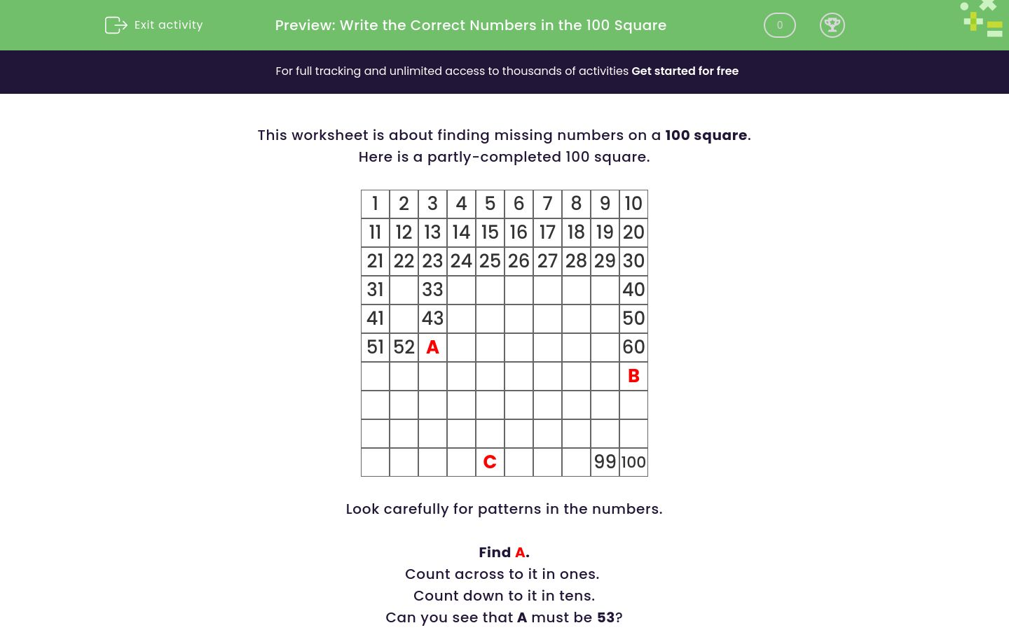 Write the Missing Numbers in the 100 Square Worksheet - EdPlace