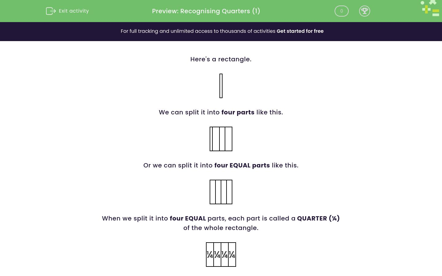 Recognise Quarters of Rectangles Worksheet - EdPlace