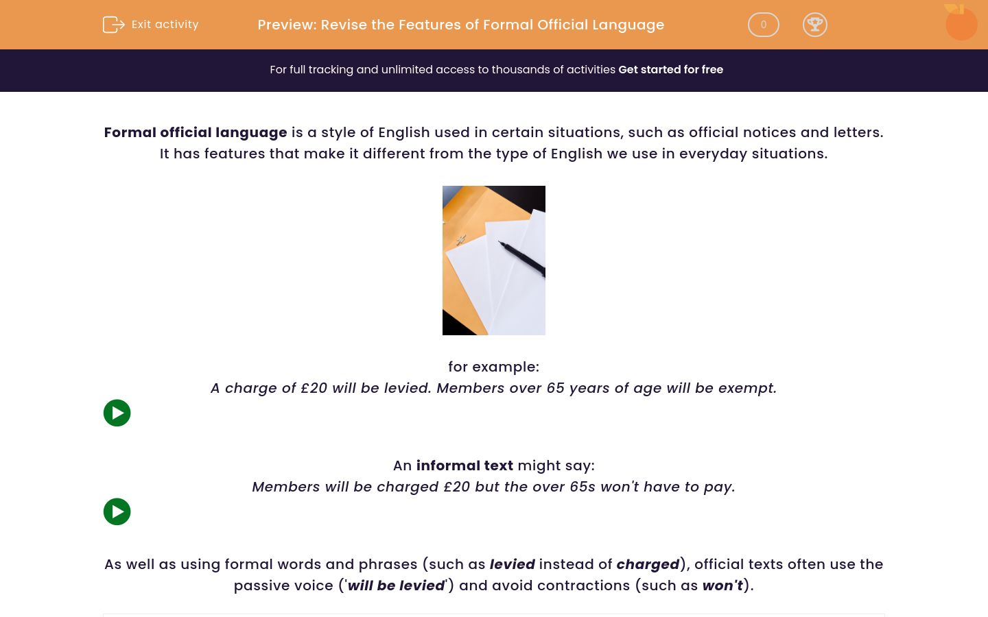 Revise the Features of Formal Official Language Worksheet - EdPlace