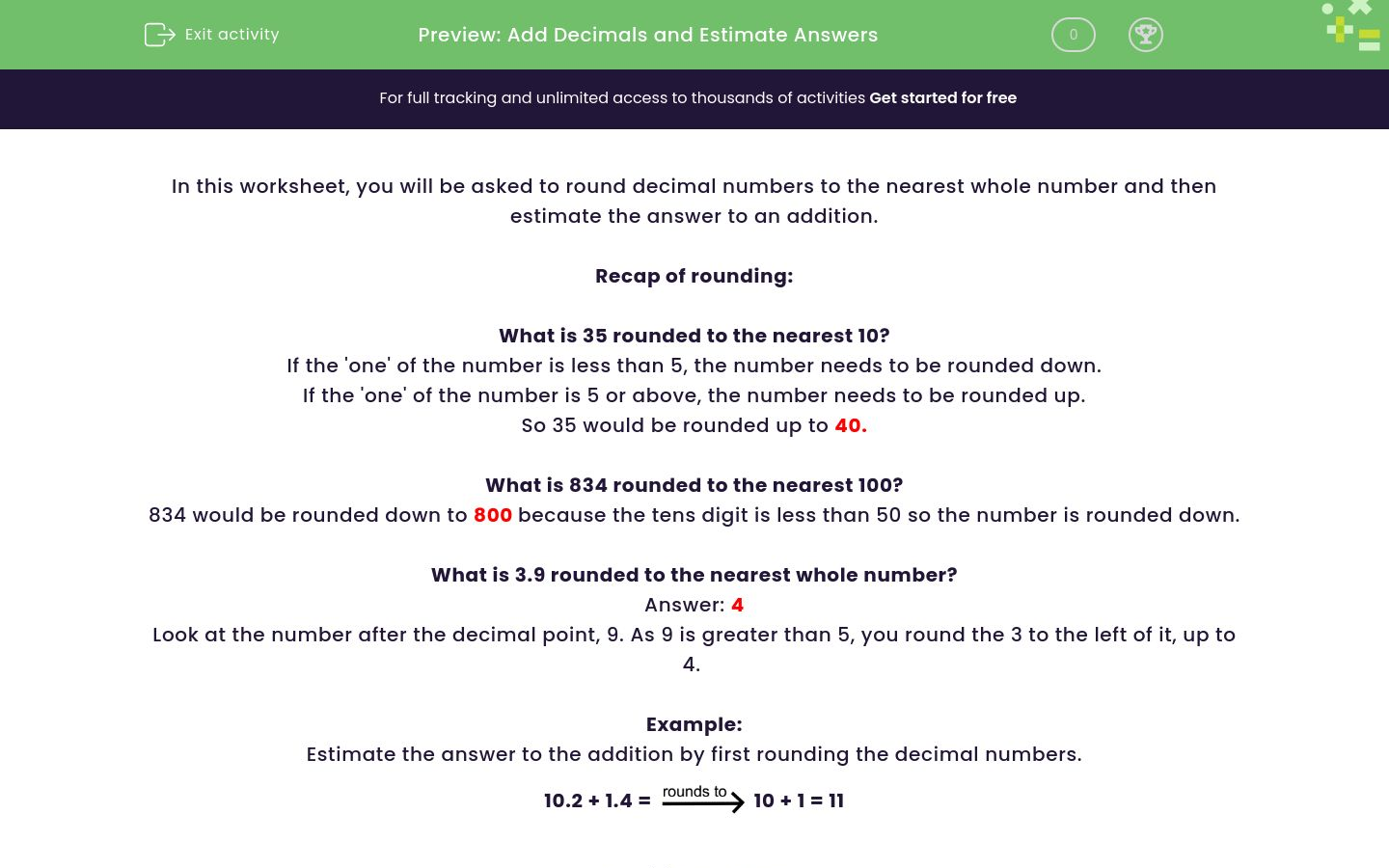 Round Decimals to Nearest Whole Number and Estimate Answers Worksheet ...