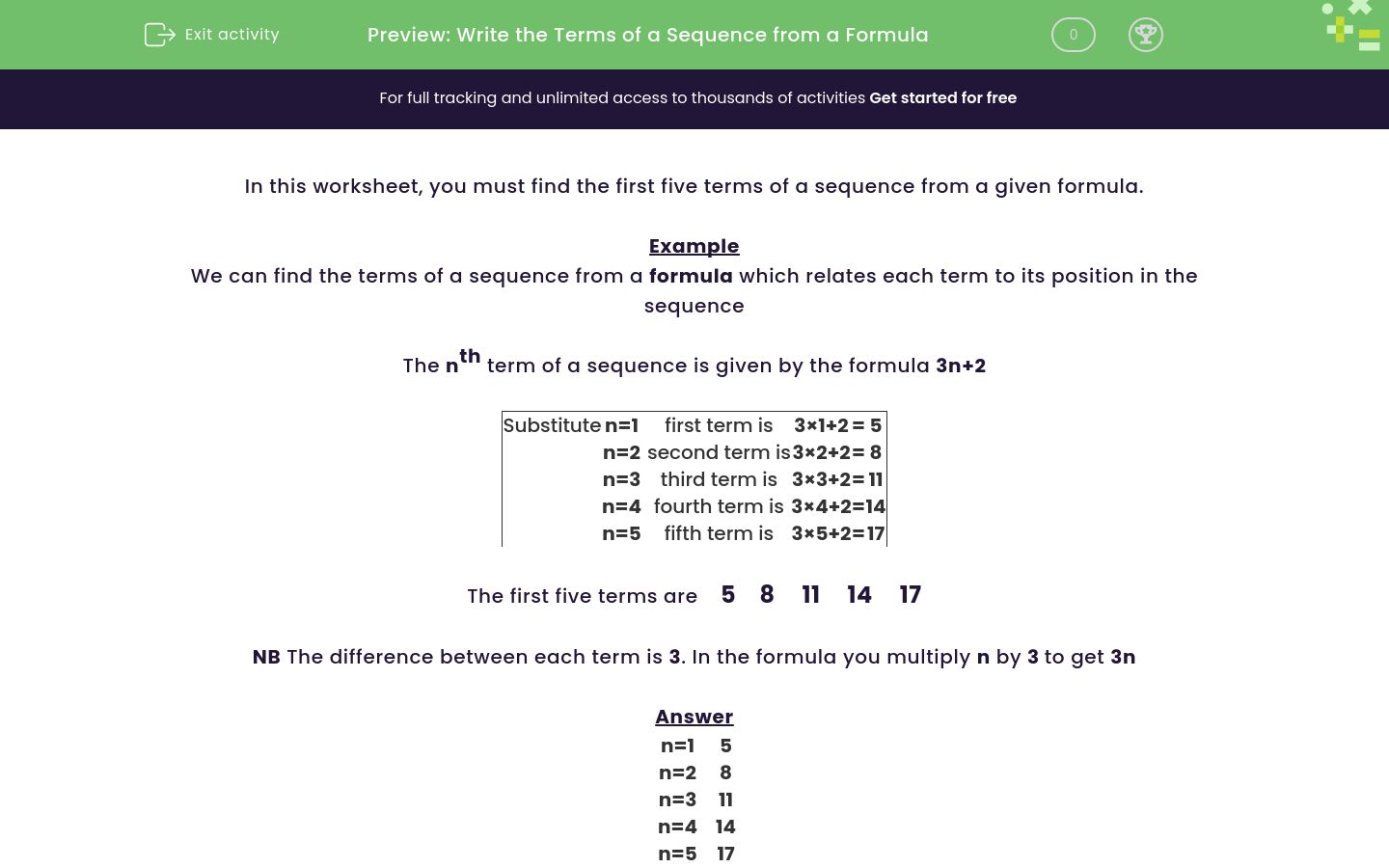 Find Missing Terms in a Sequence from a Formula Worksheet - EdPlace