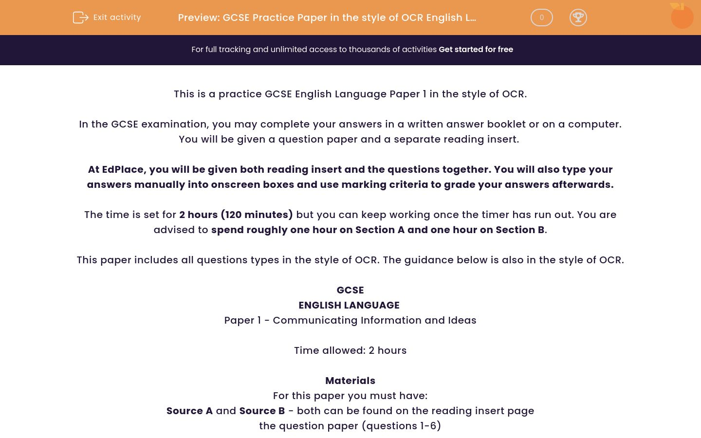 GCSE Practice Paper in the style of OCR English Language Paper 1 ...