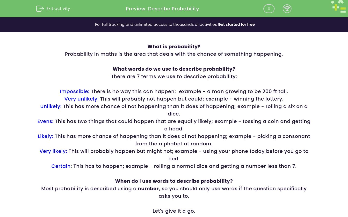 Describe Probability Worksheet - EdPlace