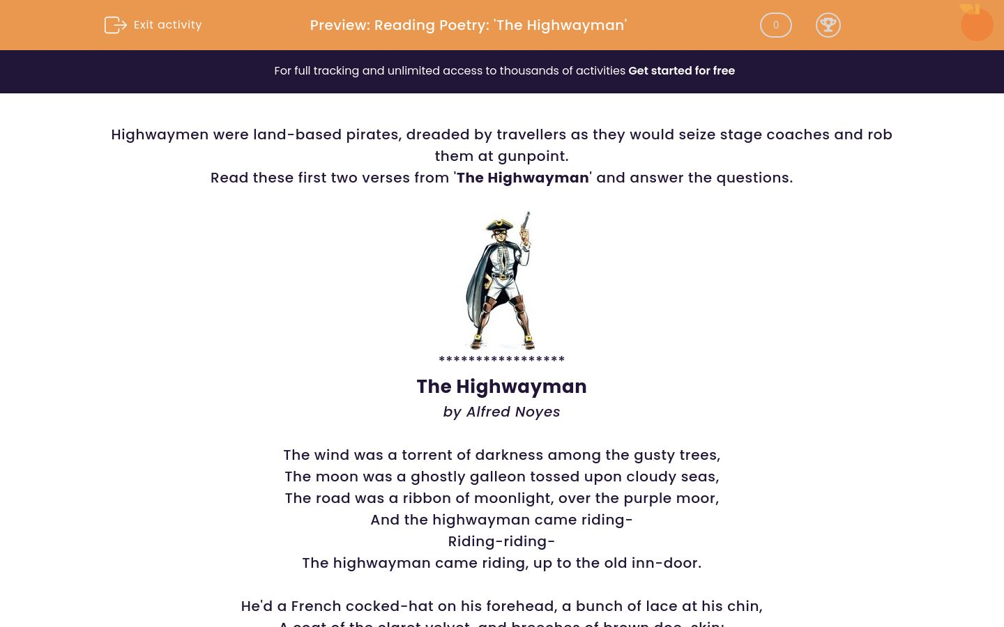 Answer Questions on a Poem: 'The Highwayman' Worksheet - EdPlace
