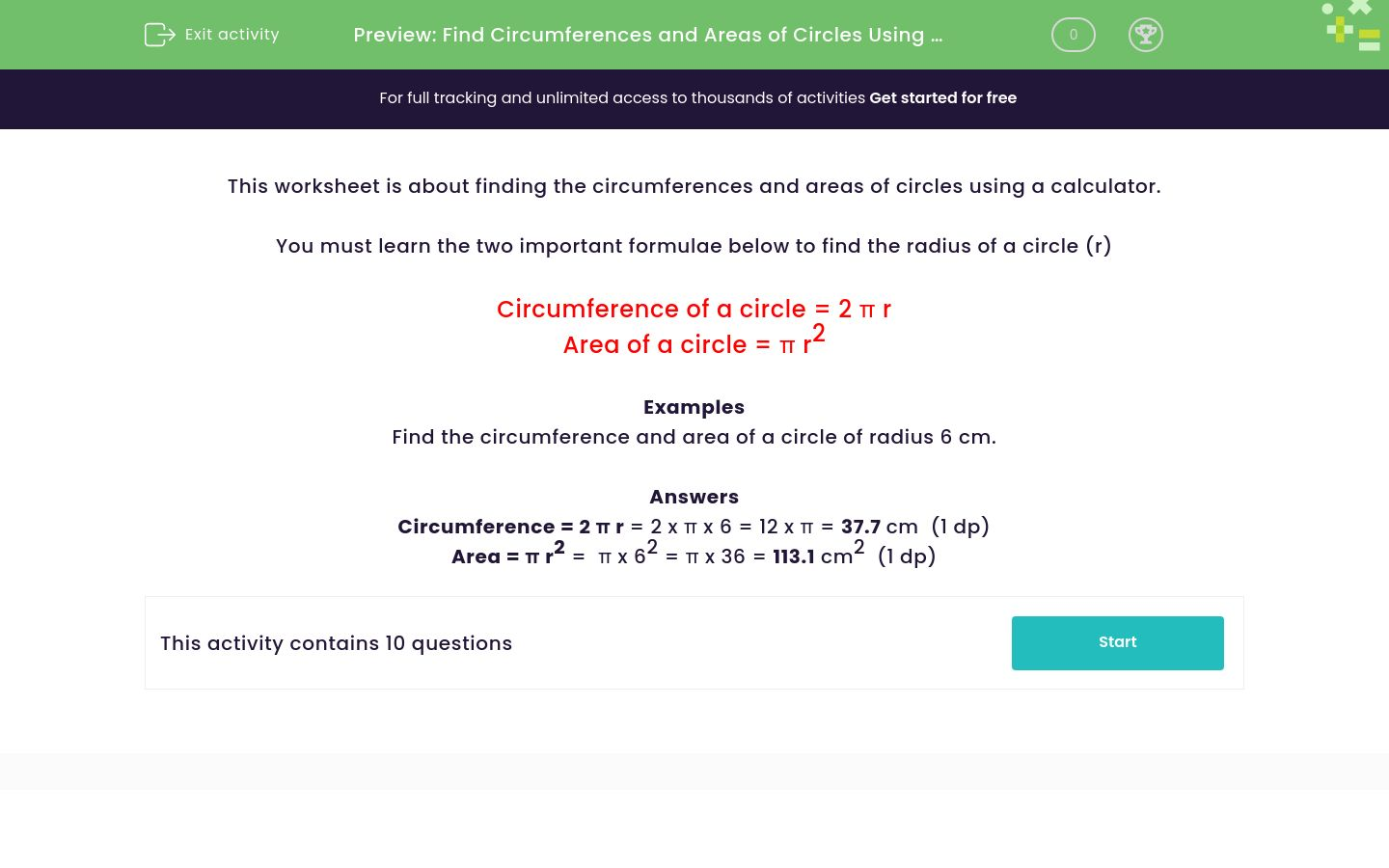 Find the Circumference and Area of a Circle Worksheet - EdPlace
