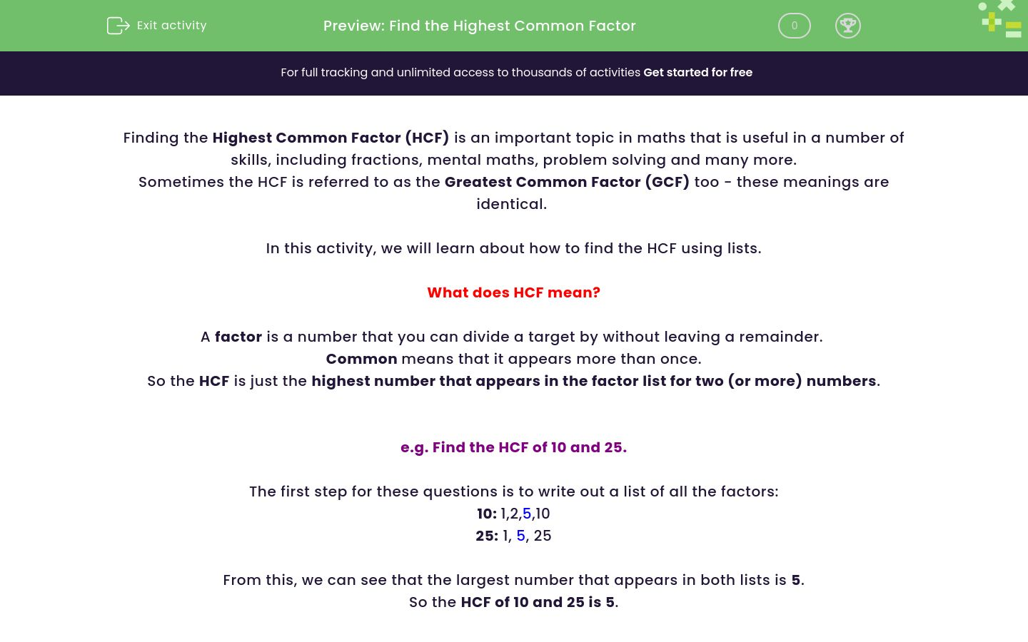 Find the Highest Common Factor Worksheet - EdPlace