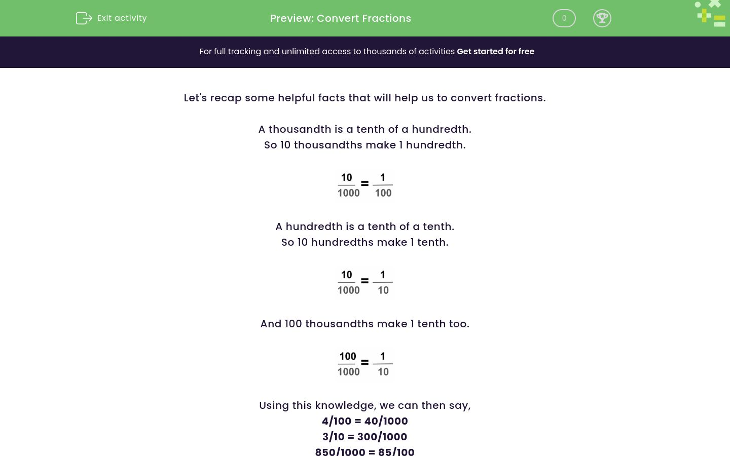 Convert Fractions to their Equivalents Using 10ths, 100ths and 1,000ths ...