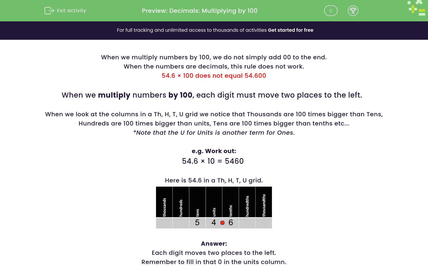 Practise Multiplying Decimals by 100 Worksheet - EdPlace