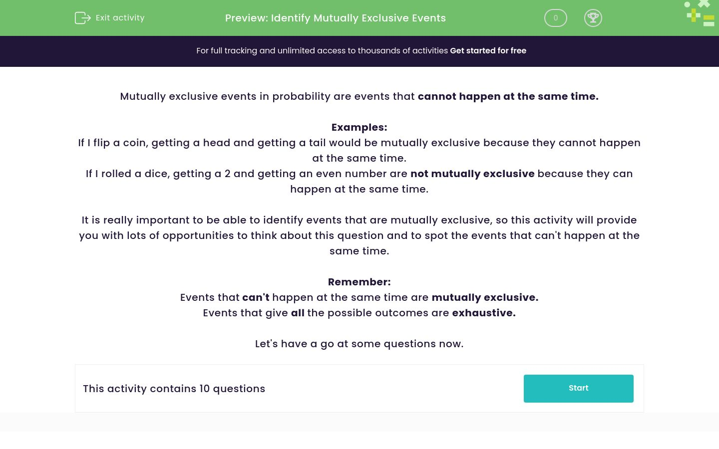 Identify Mutually Exclusive Events Worksheet - EdPlace