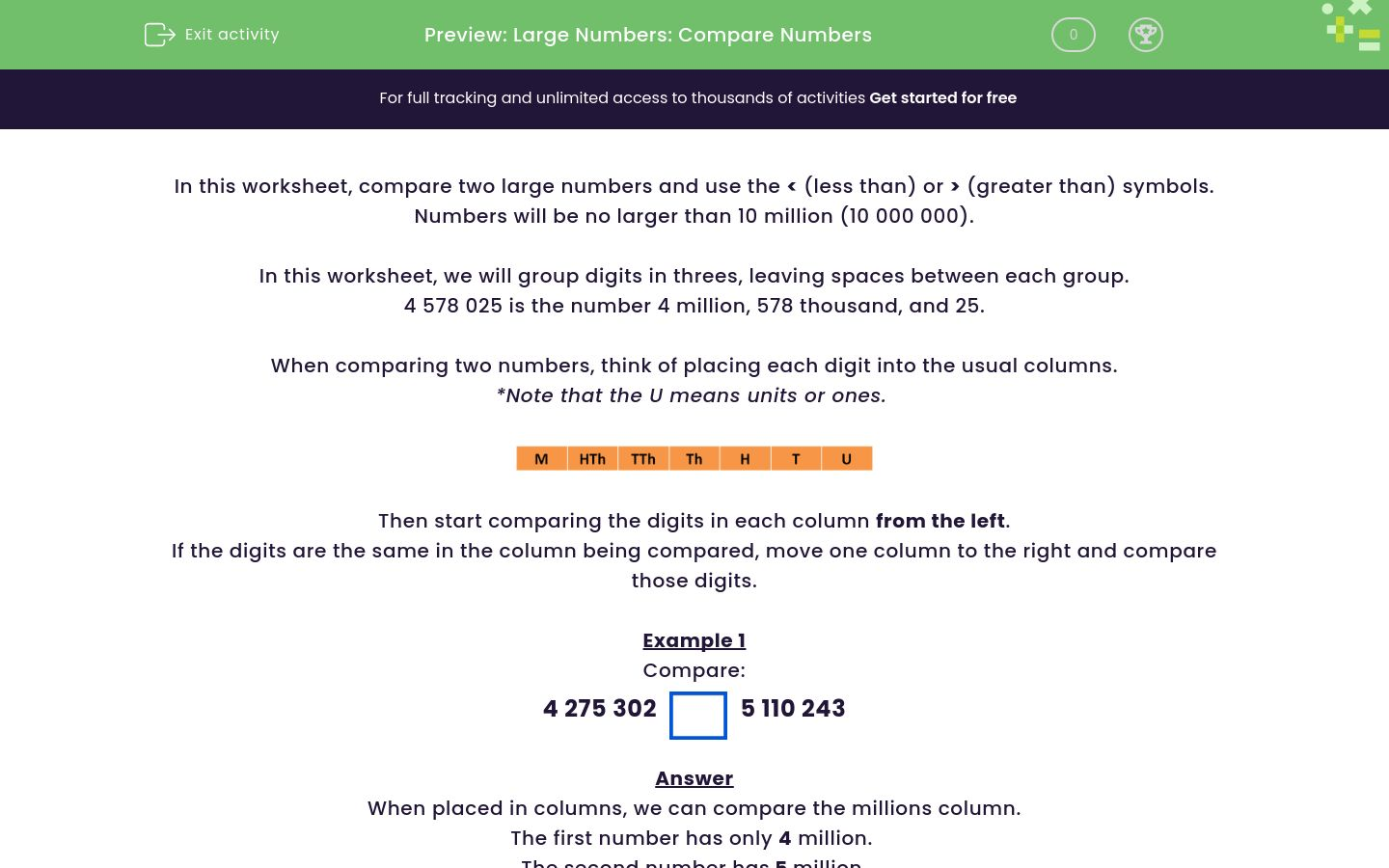 Compare Large Numbers Using Knowledge of Place Value Worksheet - EdPlace