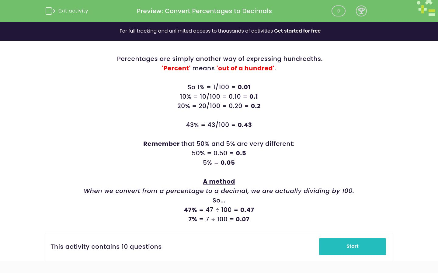 Convert Percentages to Decimals Worksheet - EdPlace