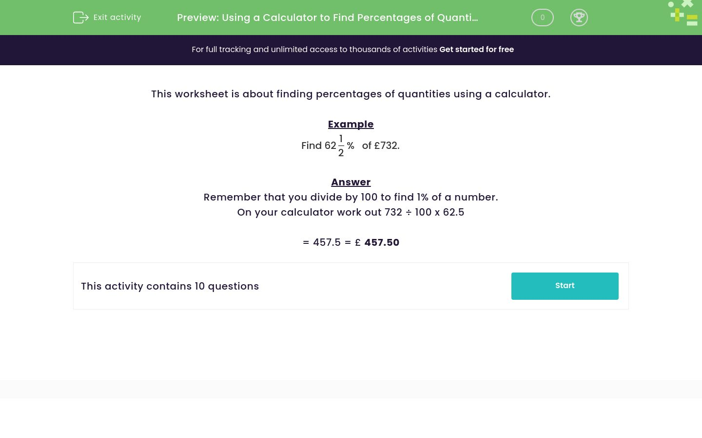 Use a Calculator to Find Percentages of Quantities Worksheet - EdPlace