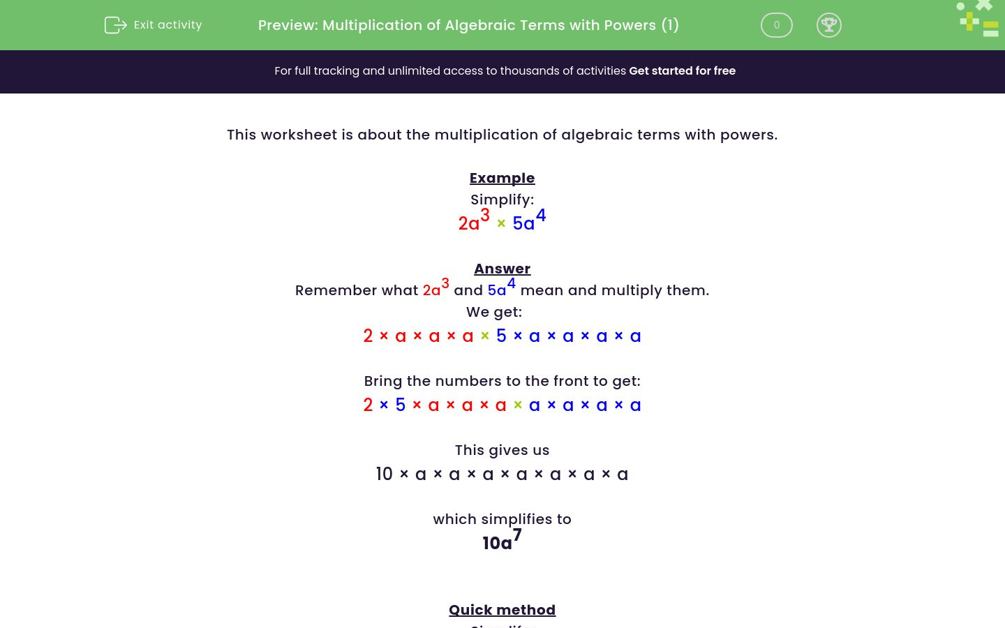 Multiply Algebraic Terms with Powers Worksheet - EdPlace