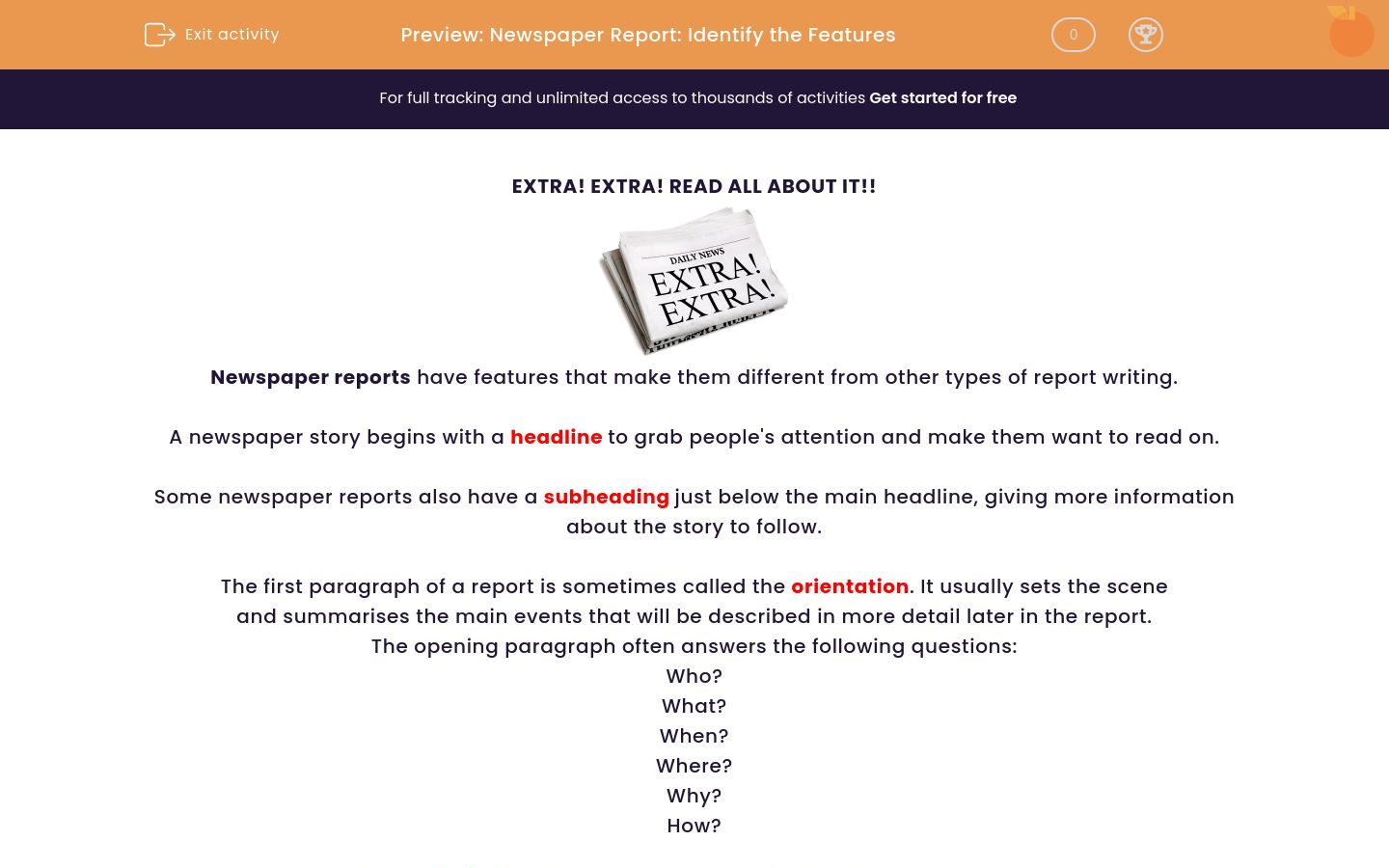Identify the Features of a Newspaper Report Worksheet - EdPlace