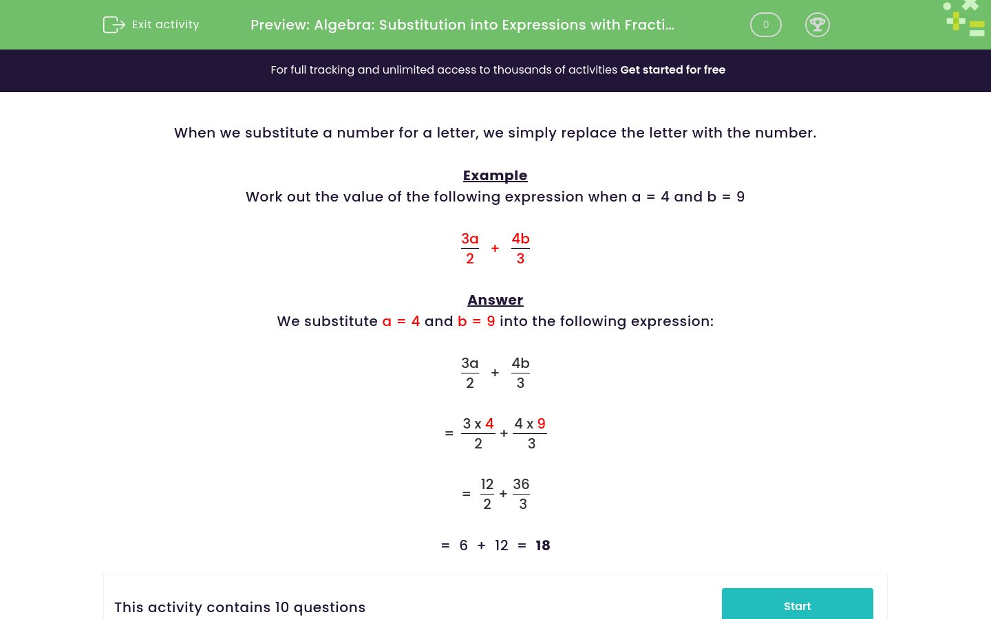 Practise Substitution into Expressions with Fractions Worksheet - EdPlace