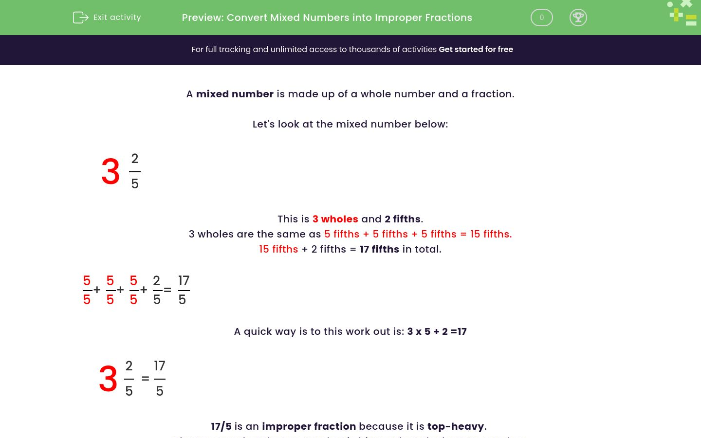 Convert Mixed Numbers into Improper Fractions Worksheet - EdPlace