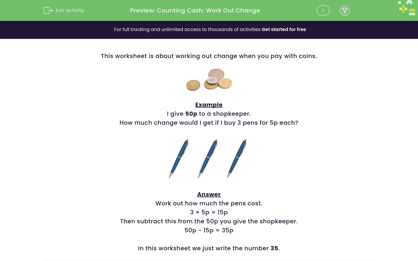 Work Out Change Worksheet - EdPlace