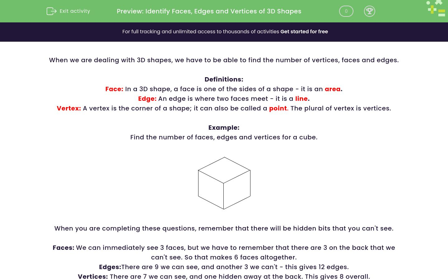 Identify Faces, Edges and Vertices of 3D Shapes Worksheet - EdPlace