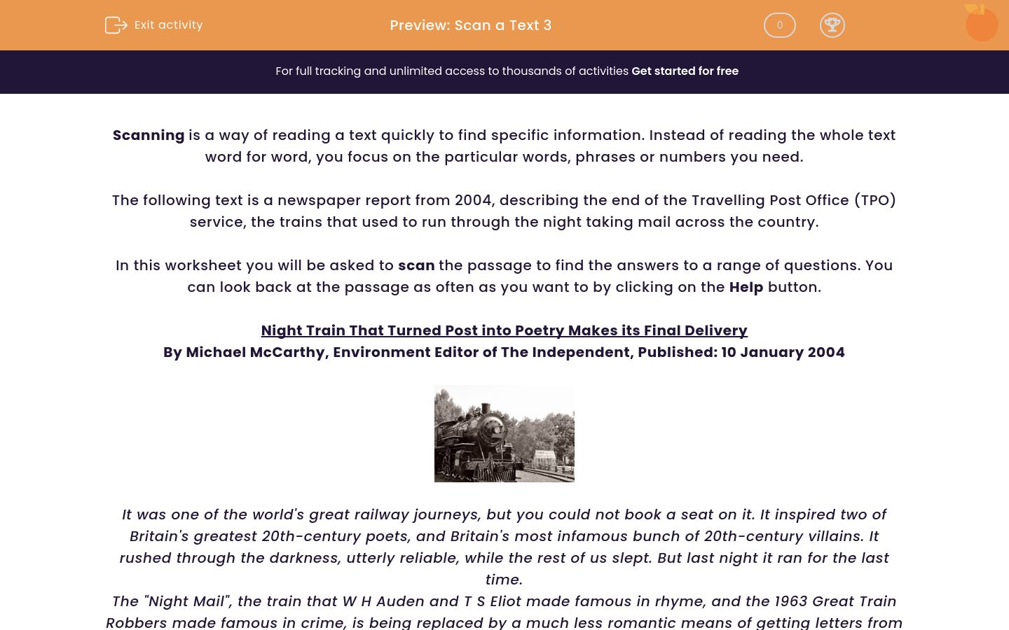 Revise Scanning an Information Text Worksheet - EdPlace