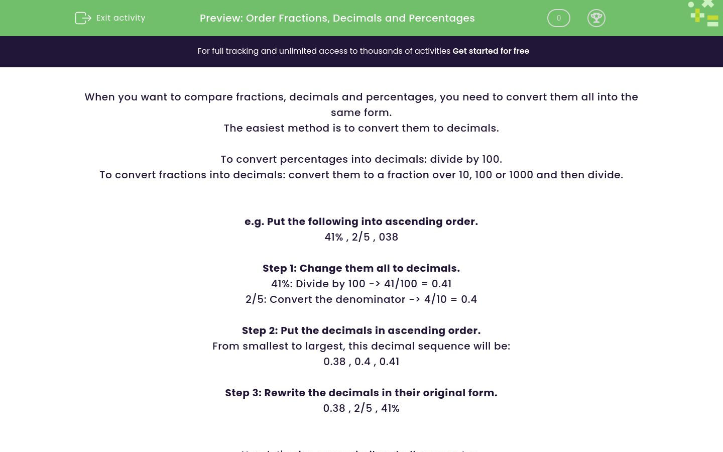 Order Fractions, Decimals and Percentages Worksheet - EdPlace