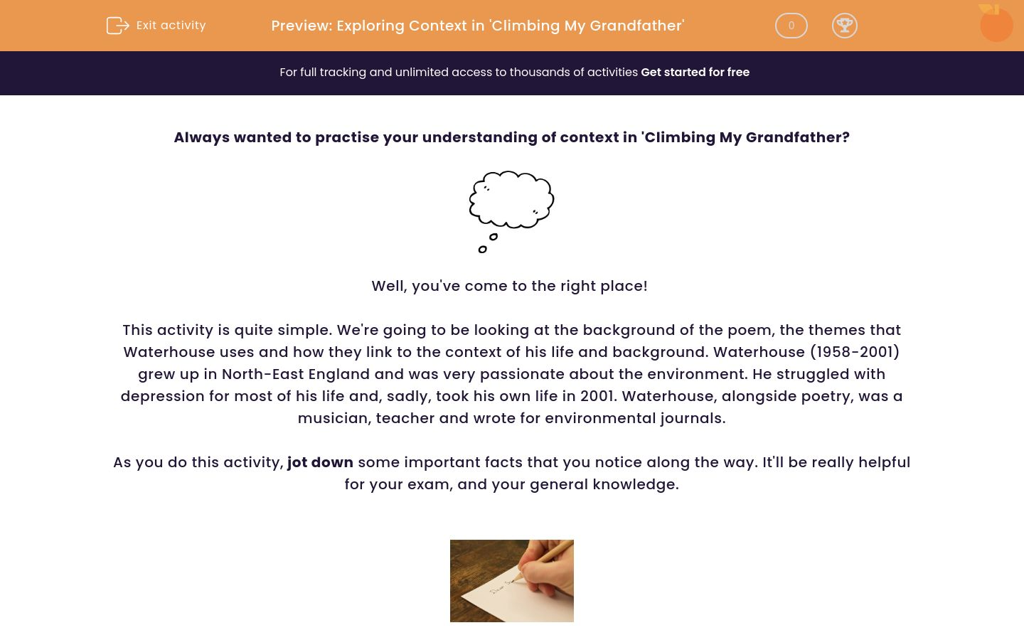 Exploring Context in 'Climbing My Grandfather' Worksheet - EdPlace