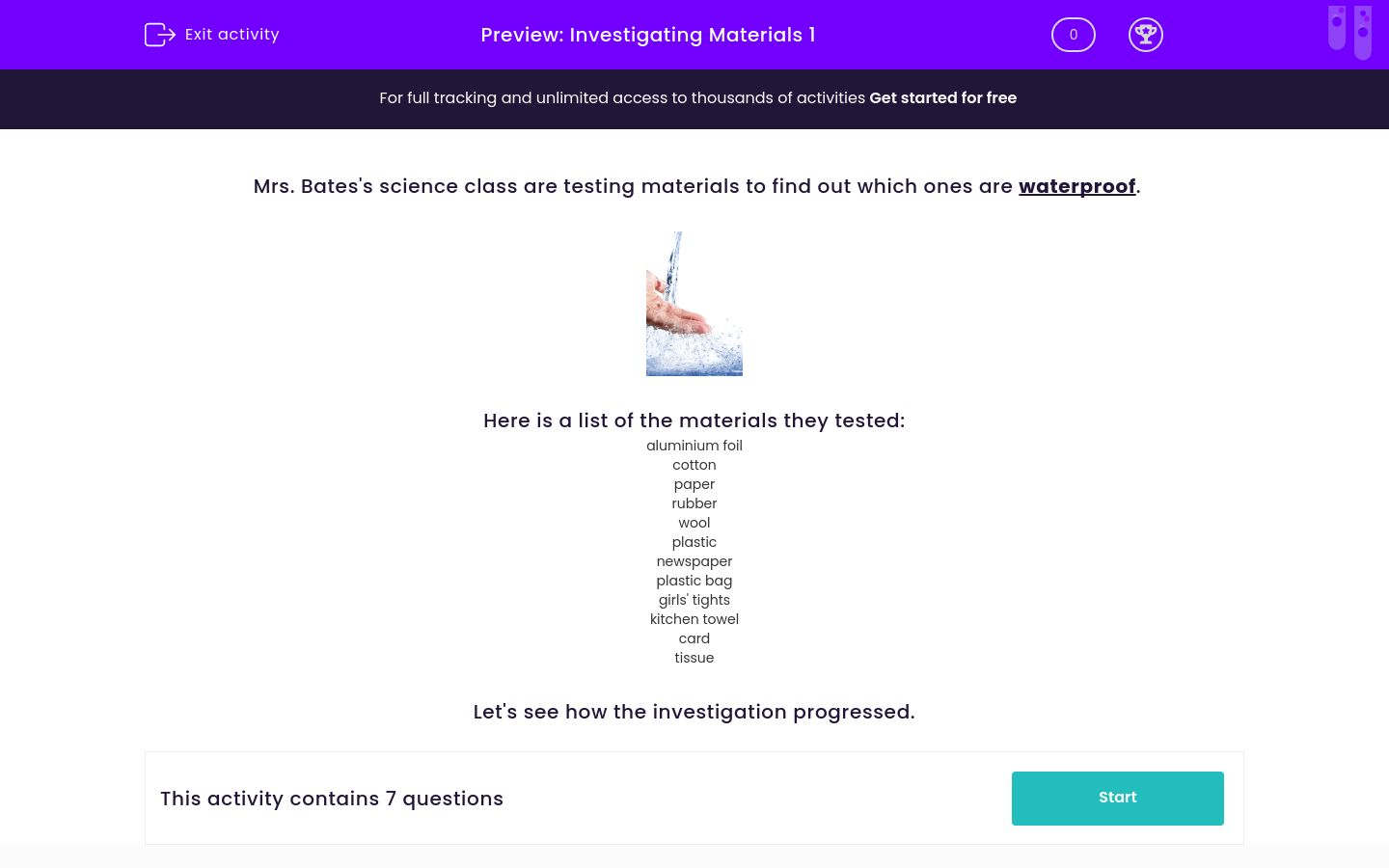 Investigate which Materials are Waterproof Worksheet - EdPlace