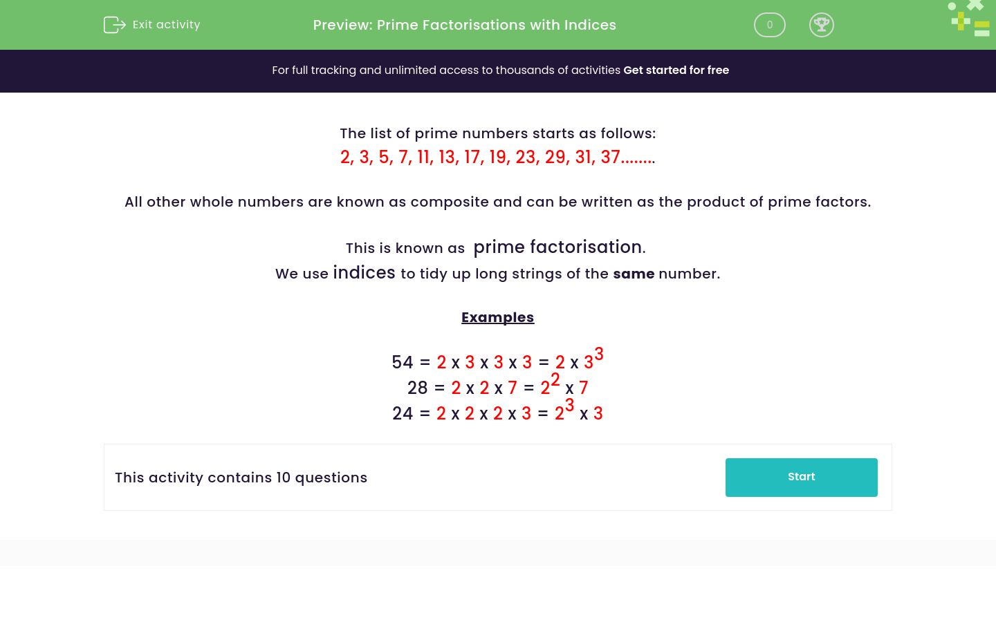 Understand Prime Factorisations with Indices Worksheet - EdPlace